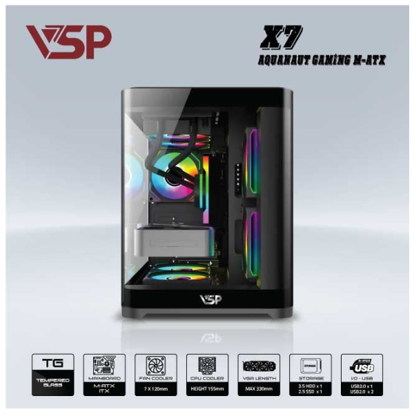 Vỏ máy tính VSP AQUANAUT PRO GAMING M-ATX X7 đen | Chính Hãng | GIÁ RẺ QUÁ